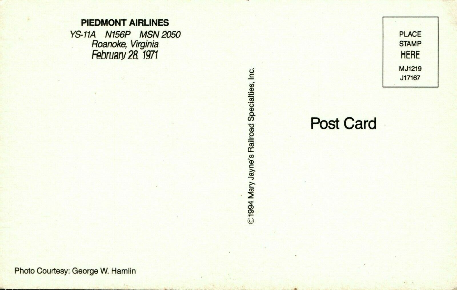 NAMC YS-11A Piedmont Airlines Chrome Postcard 1971 by Mary Jayne ...