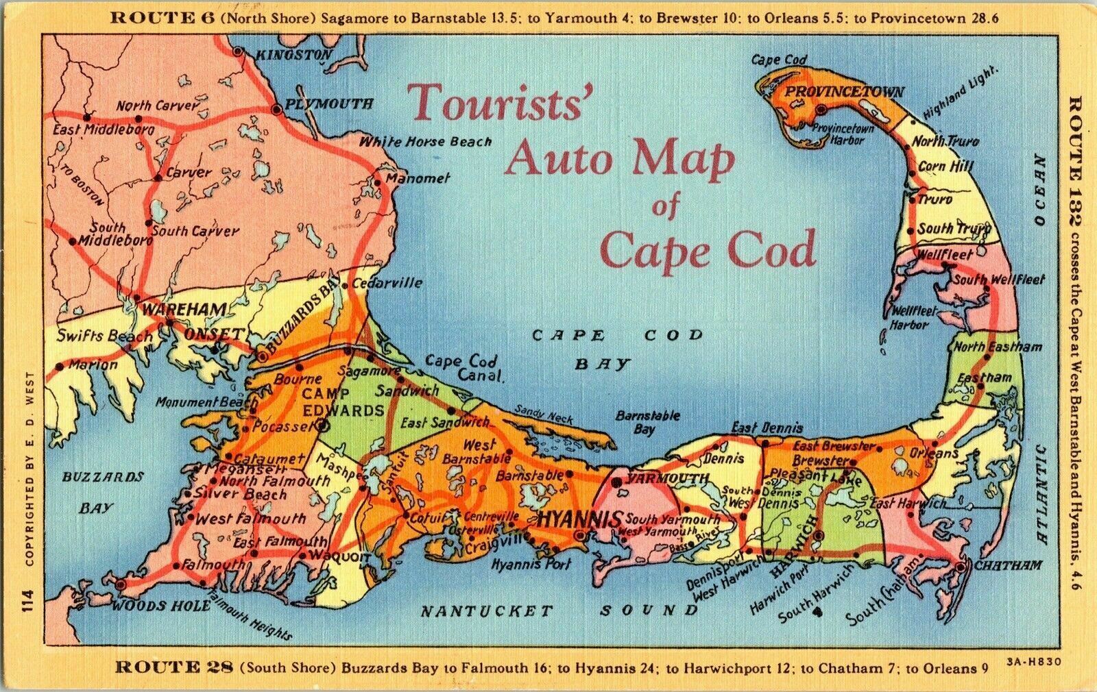 Tourists Auto Map Cape Cod Nantucket Sound Bay White Horse Beach ...