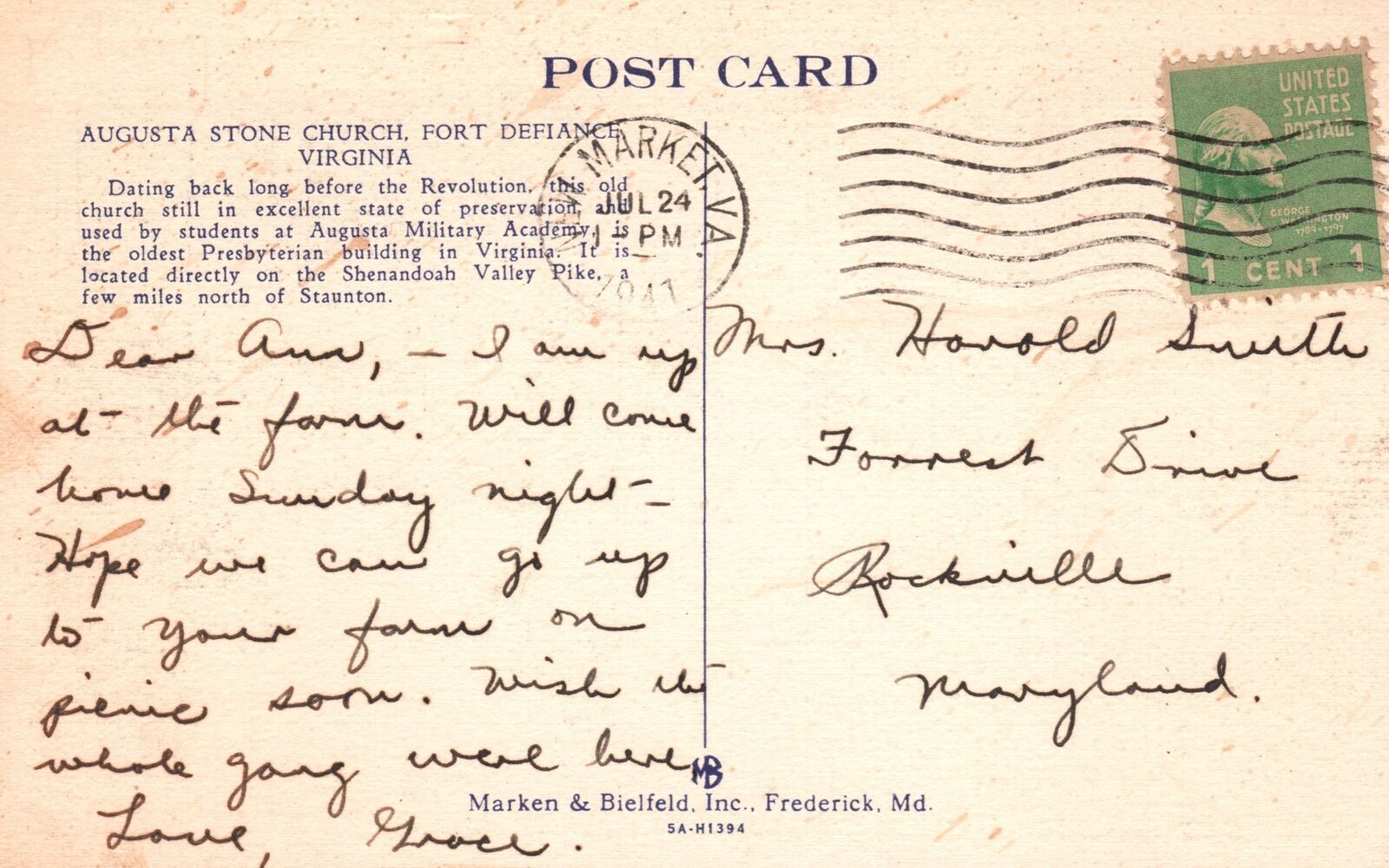 Vintage Postcard 1941 Augusta Stone Church Religious Fort Defiance ...