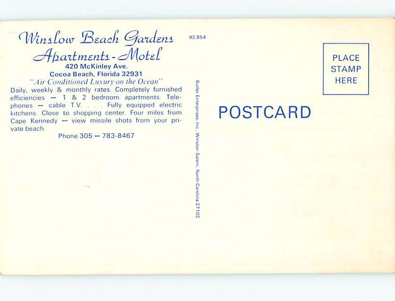 Pre-1980 WINSLOW BEACH GARDENS APARTMENTS MOTEL Cocoa Beach Florida FL ...