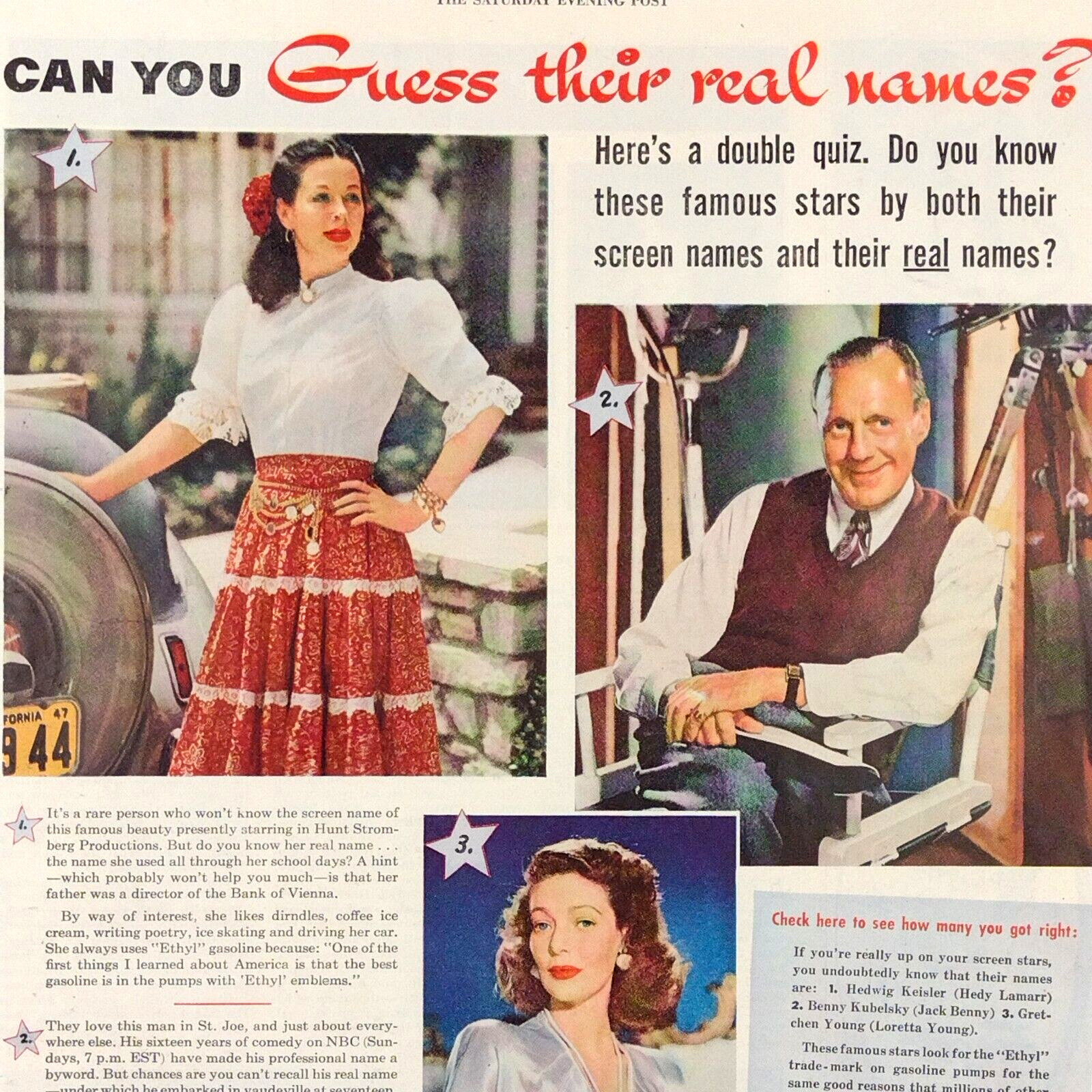 1947 Ethyl Gas Vtg Print Ad Screen Stars Hedy Lamarr Jack Benny Loretta ...