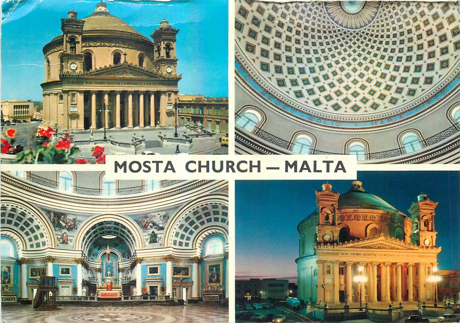 Postcard Malta multi view mosta church architecture columns paintings ...