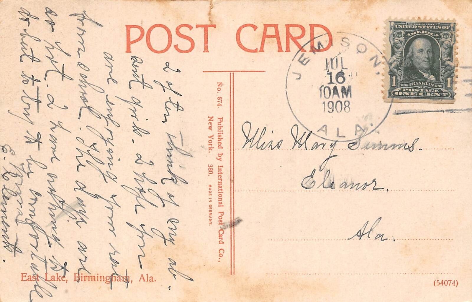 Birmingham Alabama East Lake, Color Lithograph Vintage Postcard U8701 ...