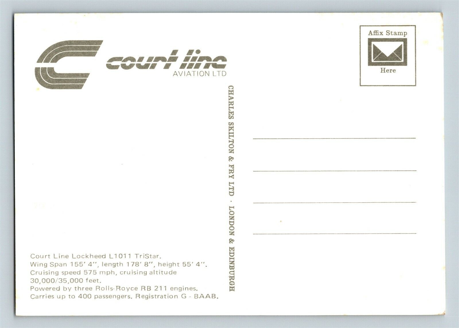 Airplane Postcard Court Line Aviation Airline Lockheed Tristar Airliner ...