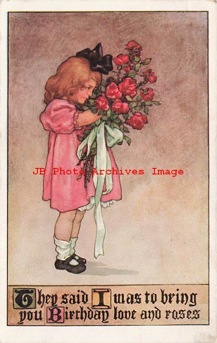 Clara Miller Burd, Tuck No 810, Birthday Greeting, Girl with Red Roses ...