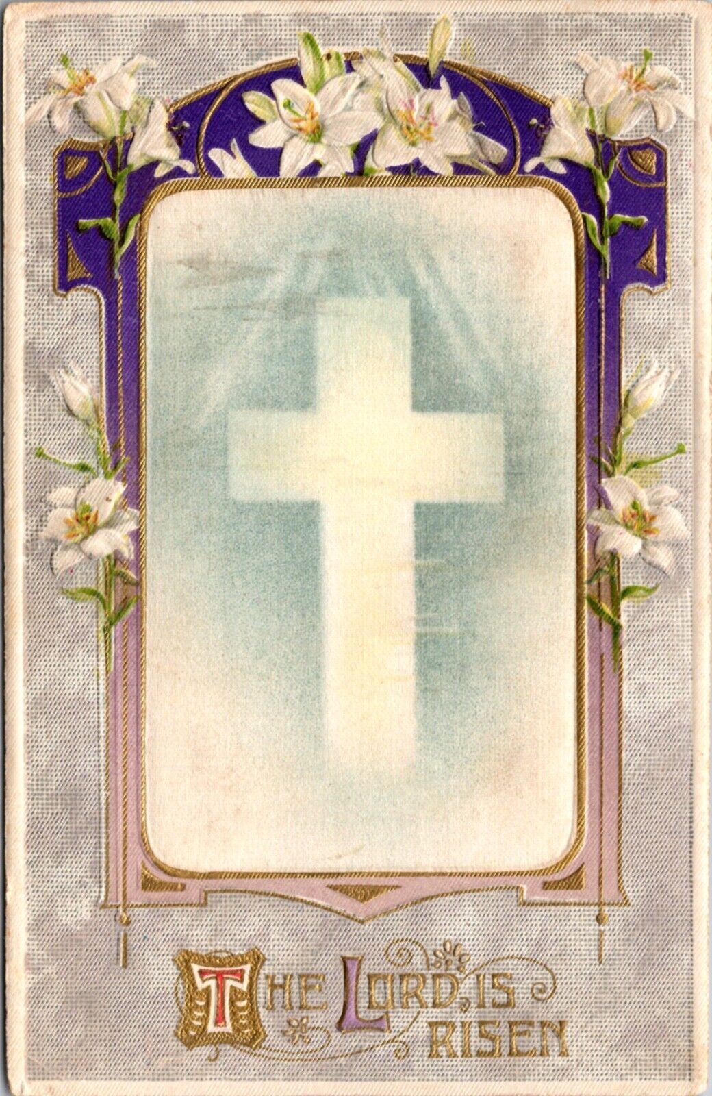 Silk Easter Postcard The Lord Is Risen Cross Easter Lily Flowers ...