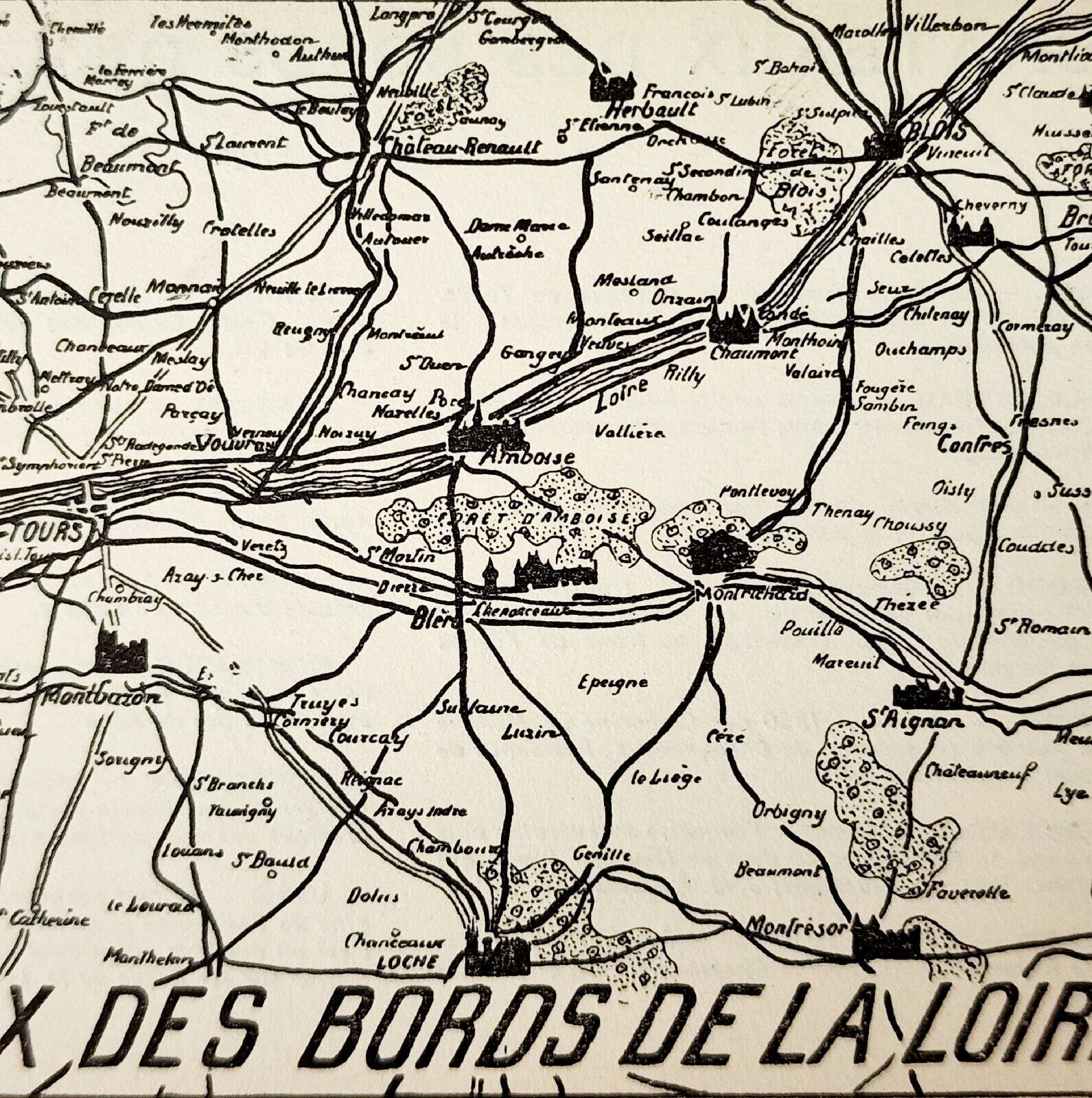 Chateaux Des Bords De LA Loire Mini Map Antique c1920s Info Page PCBG7C ...
