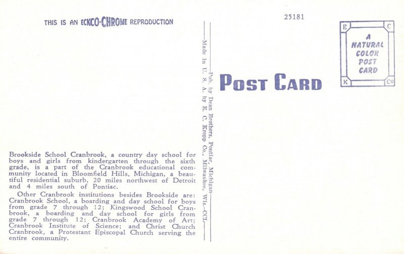 Vintage Postcard Brookside School Cranbrook Day School Bloomfield Hills ...