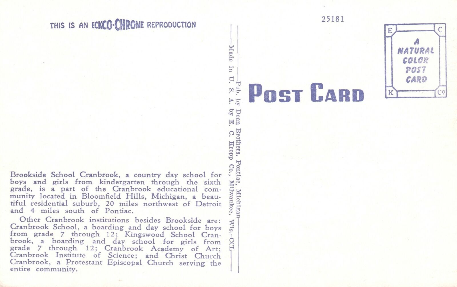 Vintage Postcard Brookside School Cranbrook Day School Bloomfield Hills ...