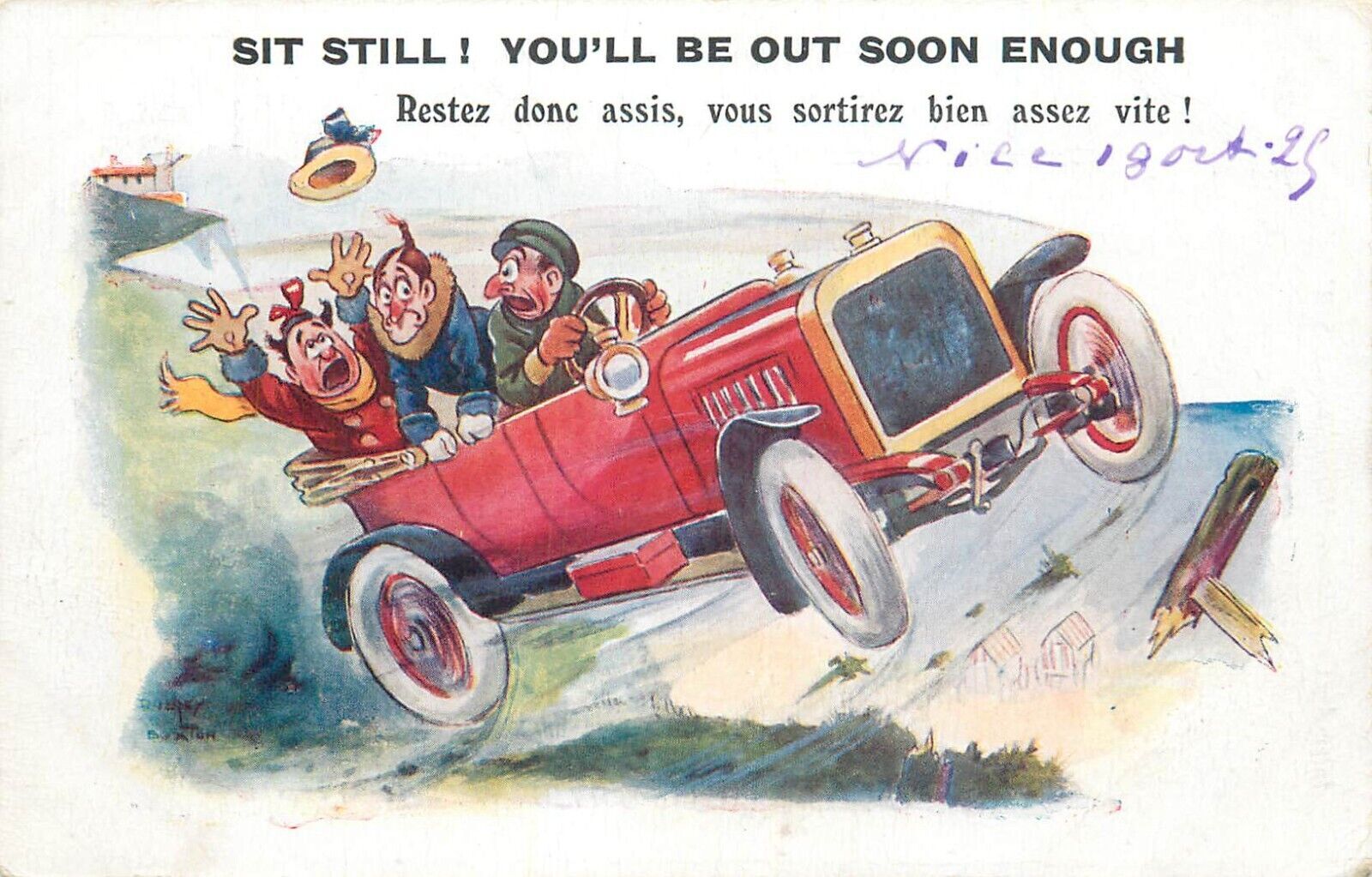 Humor comic caricature long car fell off accident funny elegance hat ...