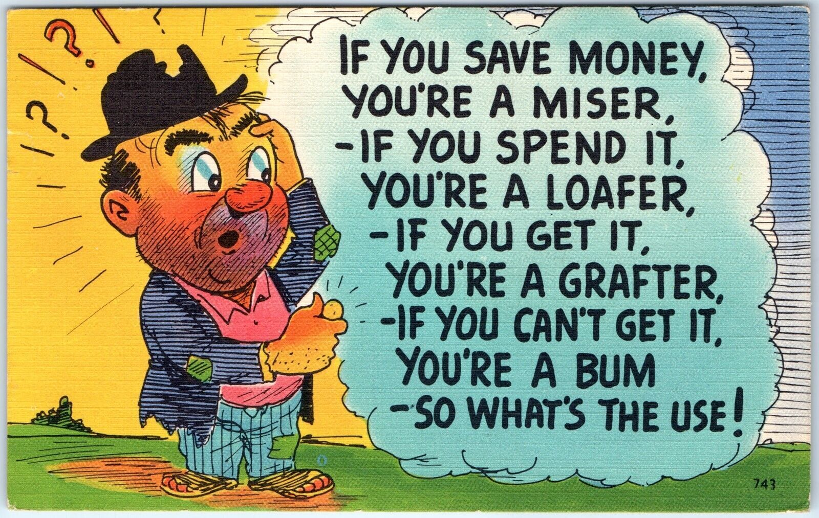 c1940s Comic Man Fiat Money Revelation Linen PC Coin Poem Cartoon ...