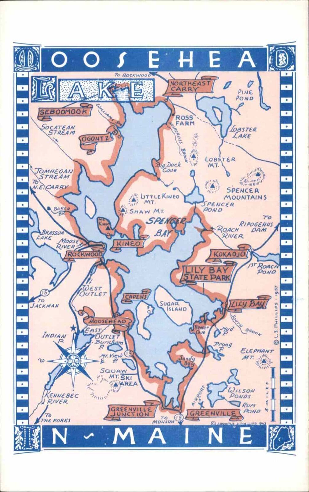 Moosehead Lake Maine Tourist Map Vintage Postcard | United States ...