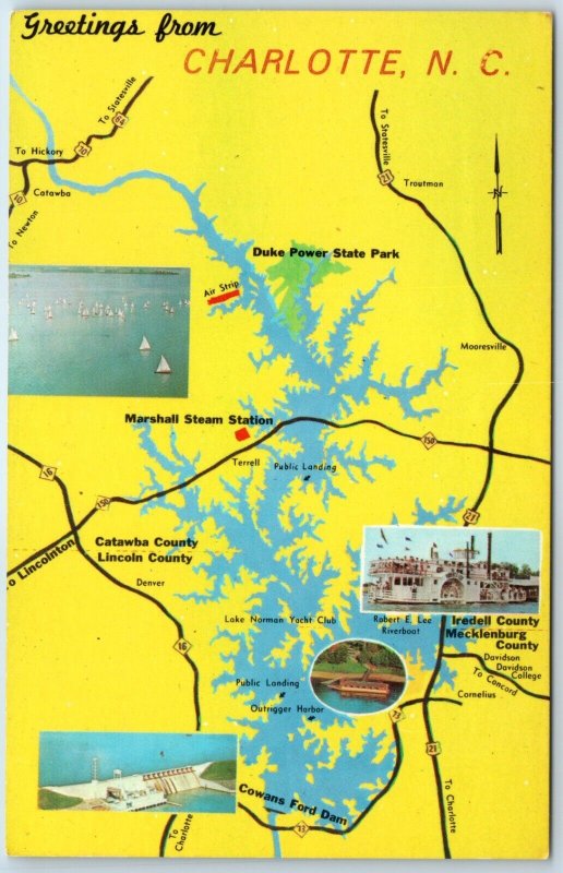 1966 Charlotte, N.C Greetings Lake Norman State Park Map Power Stations ...