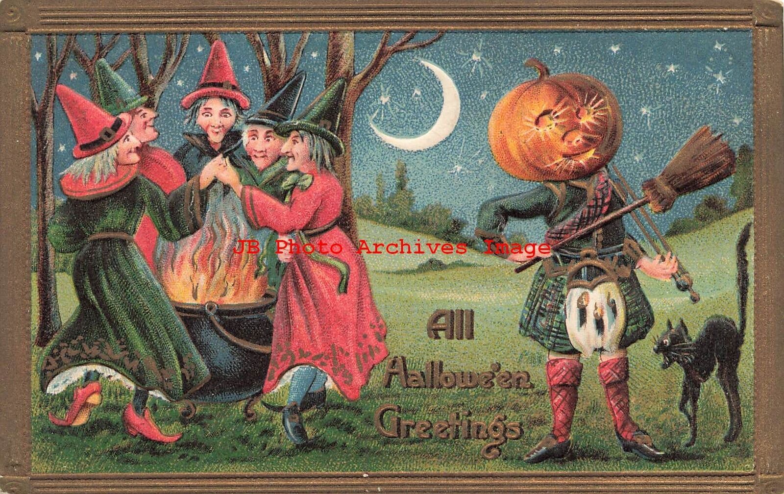 Halloween, Gottschalk No 2171-3, Witches around Cauldron, JOL Head Man ...