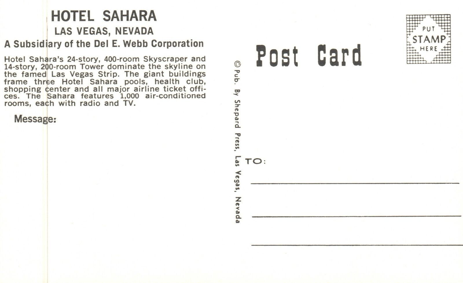 Vintage Postcard Hotel Sahara Skyscraper Room Tower Las Vegas Nevada ...