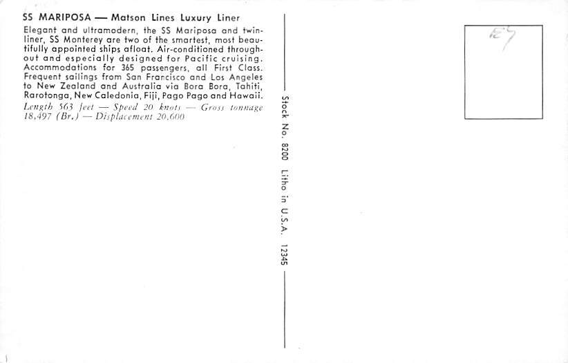 SS Mariposa Matson Lines Ship | Topics - Other, Postcard / HipPostcard