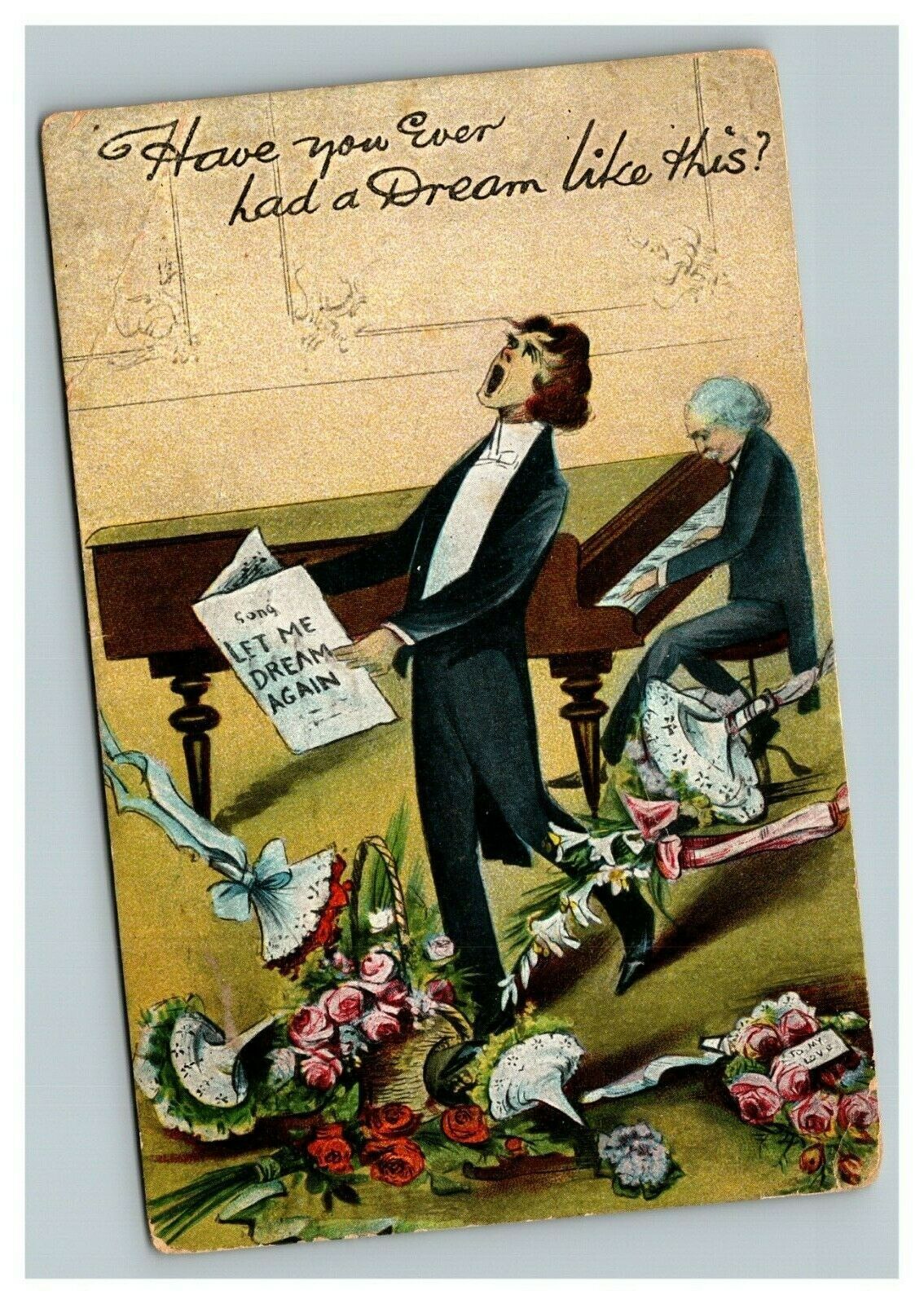 Vintage 1910 Comic Postcard - Singer in Tails Pianist - Dreaming of ...