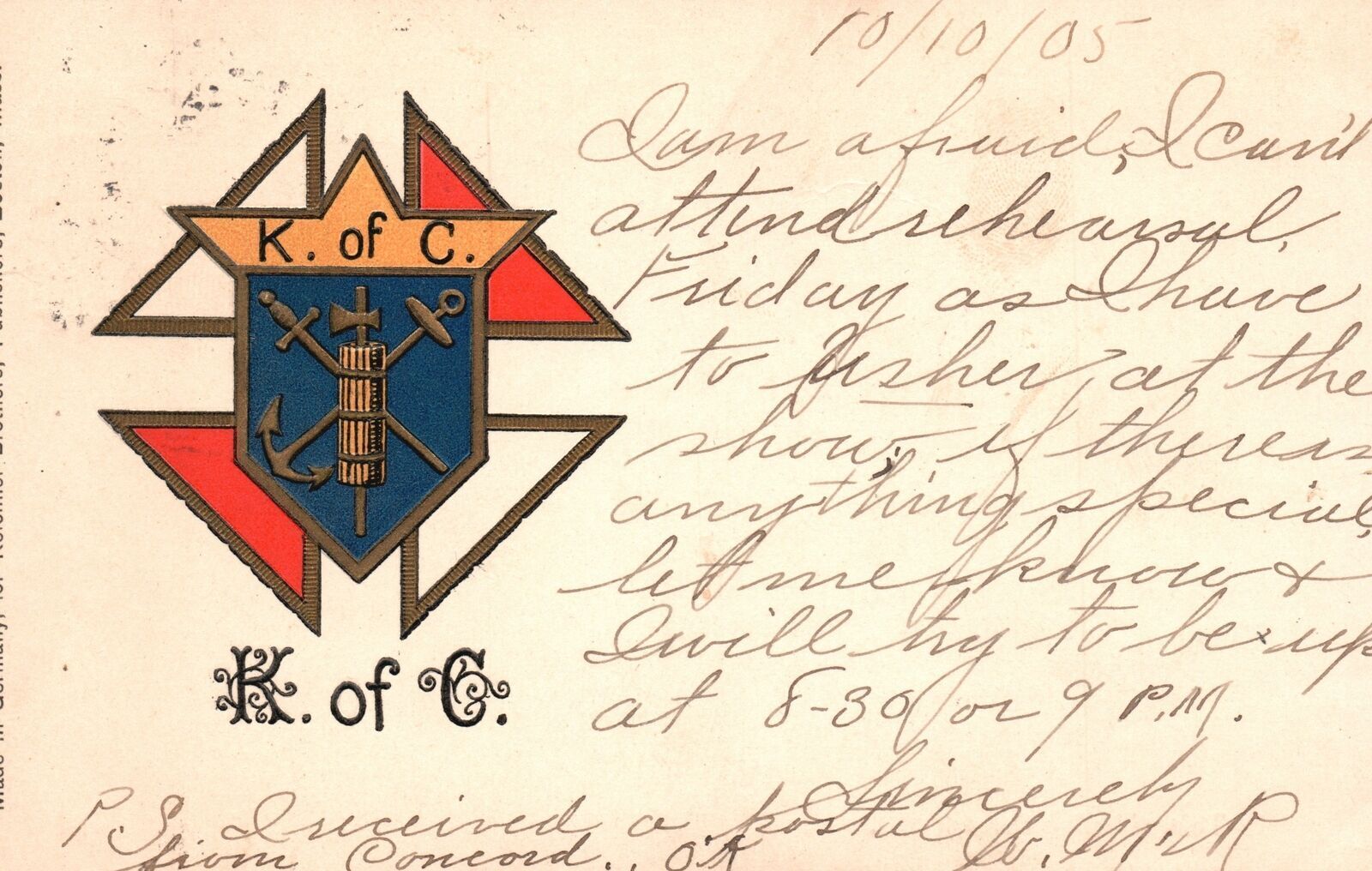 Vintage Postcard 1905 K Of C Symbol Knights of Columbus Spiritual ...
