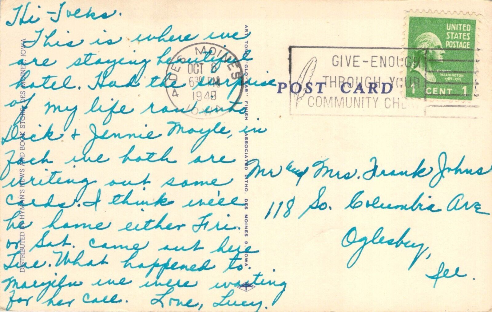 Vintage 1940s Postcard Hotel Savery Des Moines Iowa IA 1949 PM ...