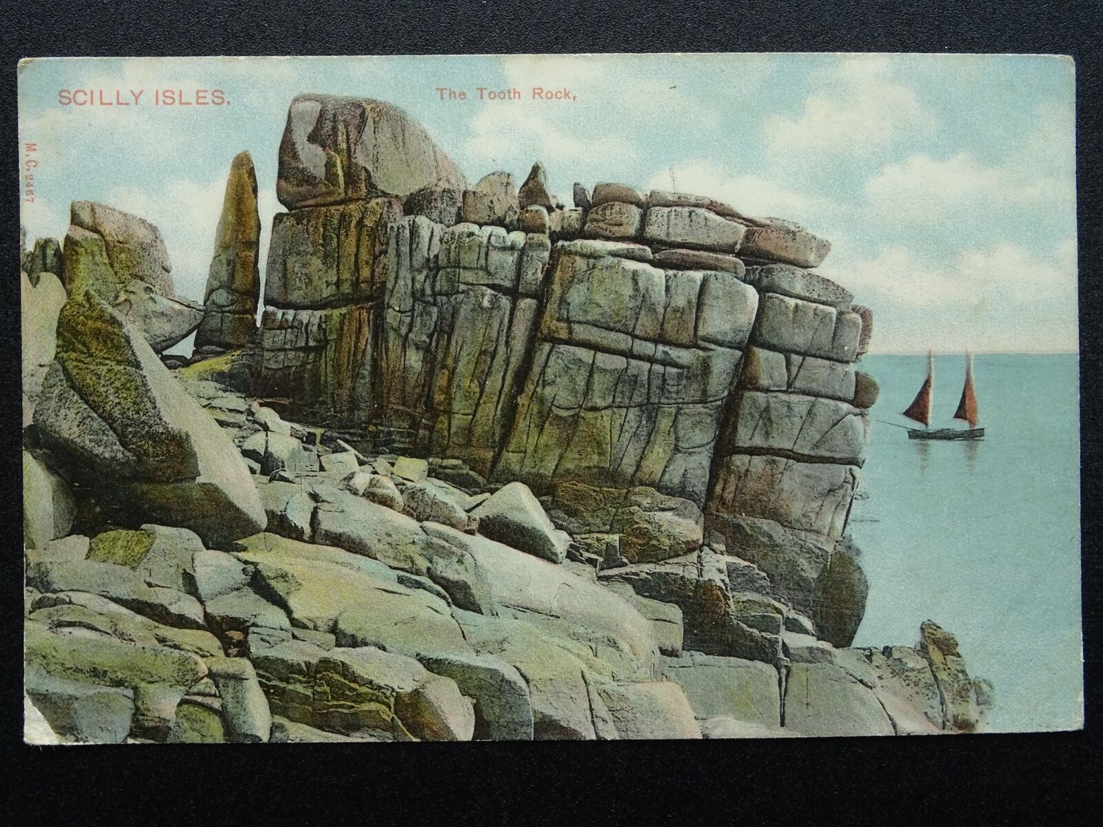 Scilly Isles THE TOOTH ROCK showing CORNISH LUGGER FISHING BOAT c1906 ...