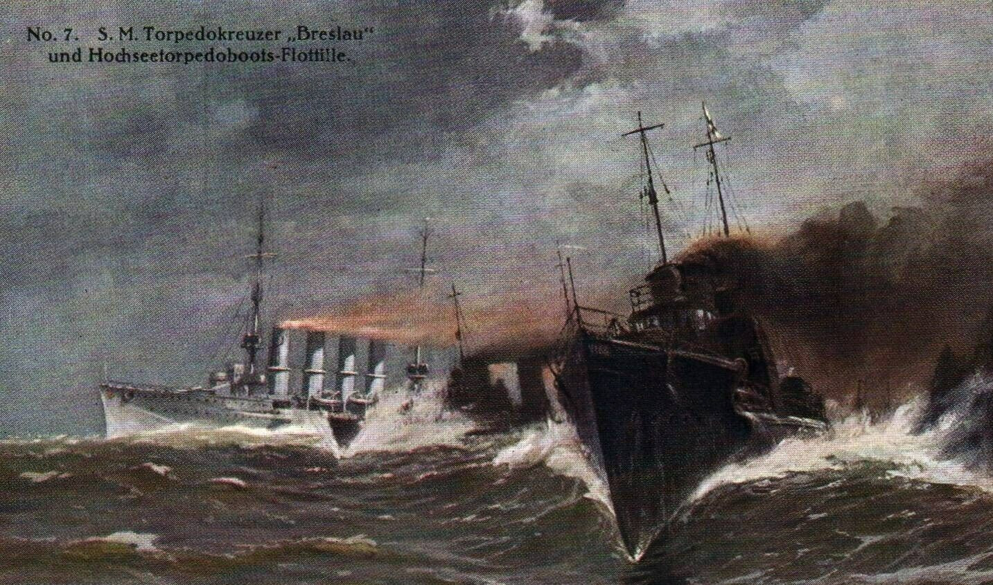 German Navy SM Torpedo Cruiser Boat Flotilla and SMS Breslau WWI Art ...