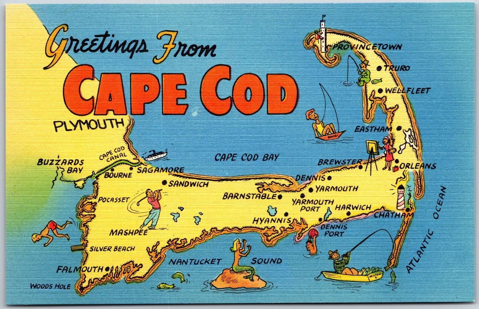 Greetings From Cape Cod Massachusetts Maps MA Cities & Beaches Postcard ...