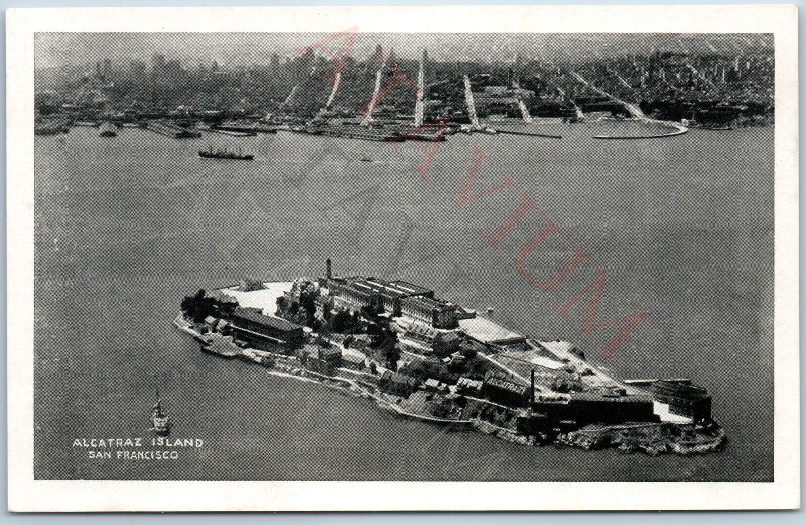 c1940s San Francisco CA Alcatraz Island Jail Birds Eye Aerial City ...