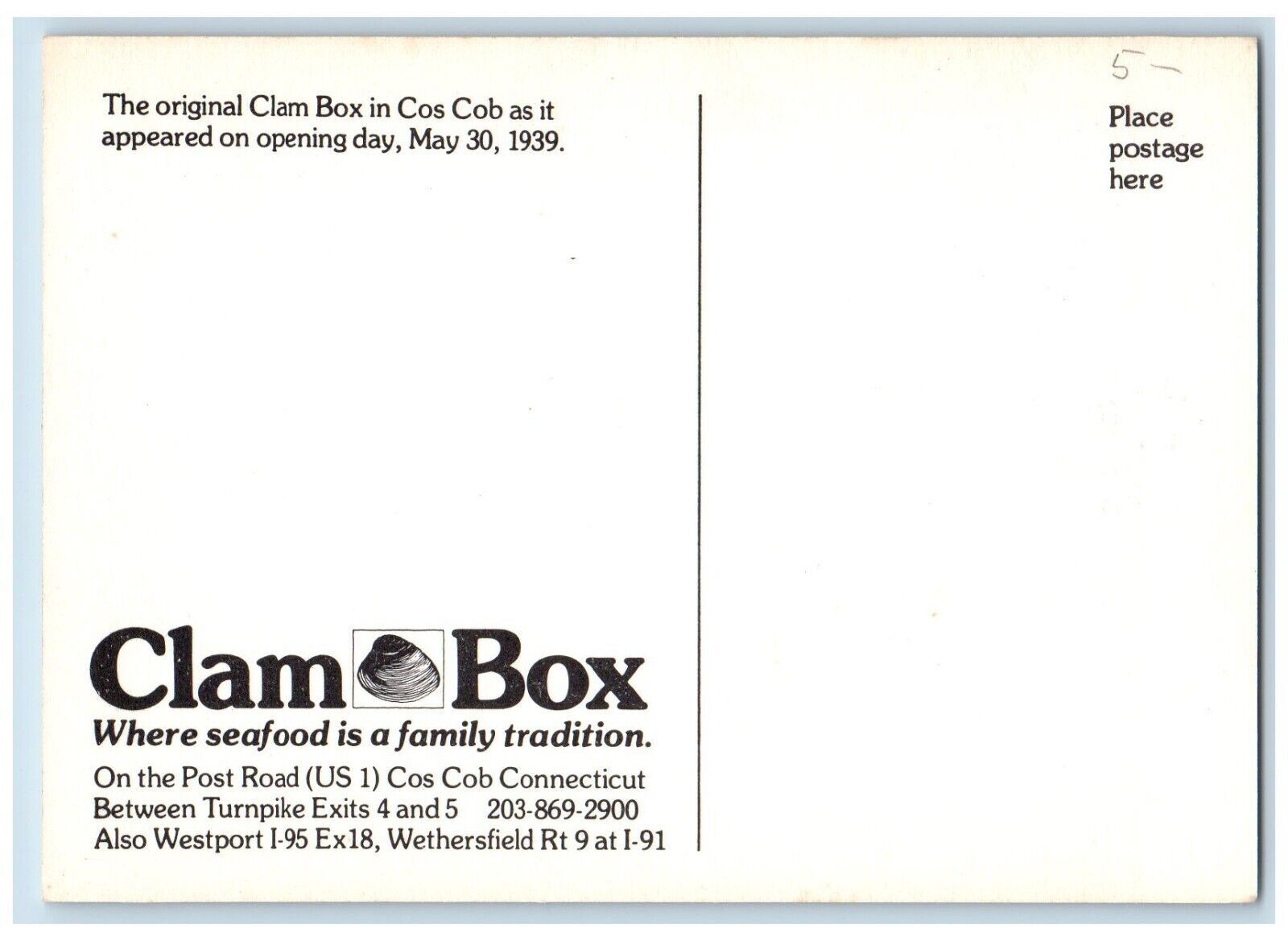 c1939 Clam Box Seafood Family Tradition Turnpike Cos Cob Connecticut CT ...