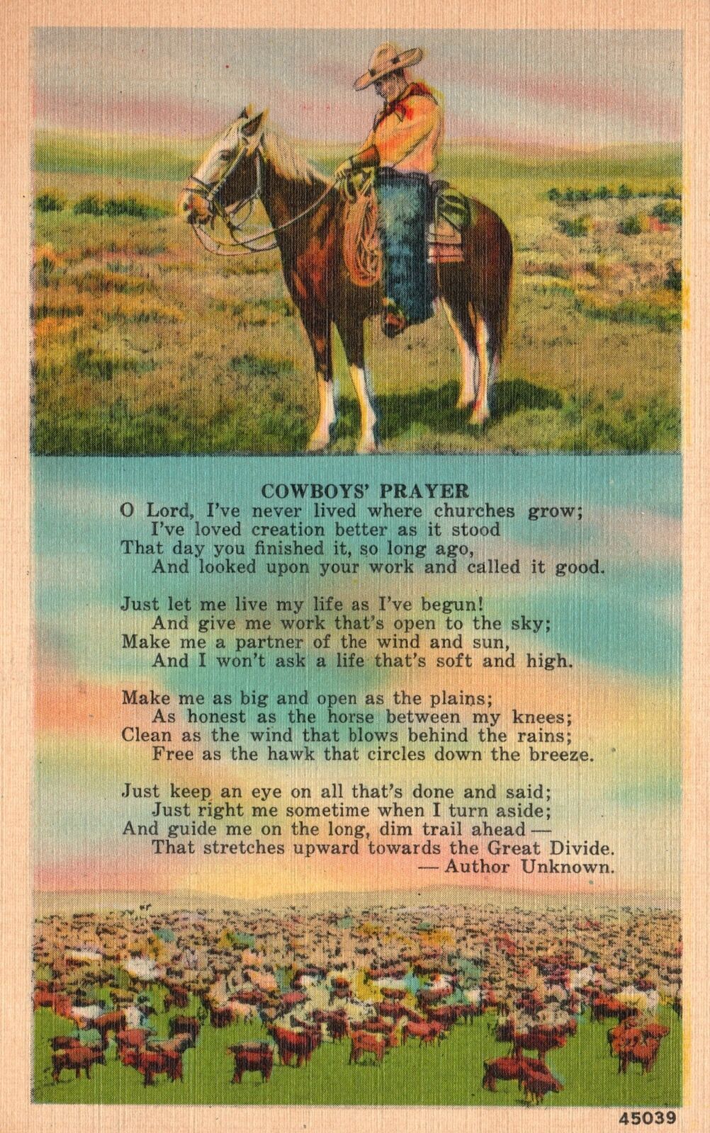 Vintage Postcard Western Cowboys Prayer Poem Cowboy & Horse Silhouette ...