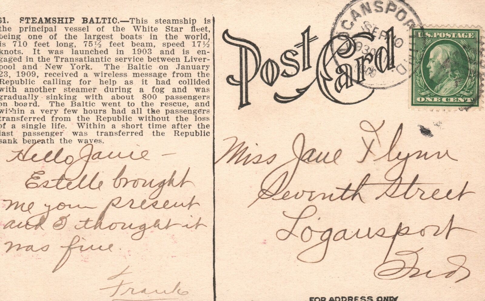 Vintage Postcard 1909 Steamer Baltic Steamship Principal Vessel White ...