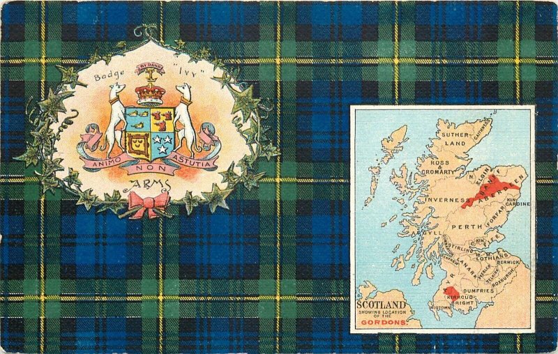 W & AK Johnston Postcard 202 Scotland Map of Clan Gordon, Badge- Ivy ...