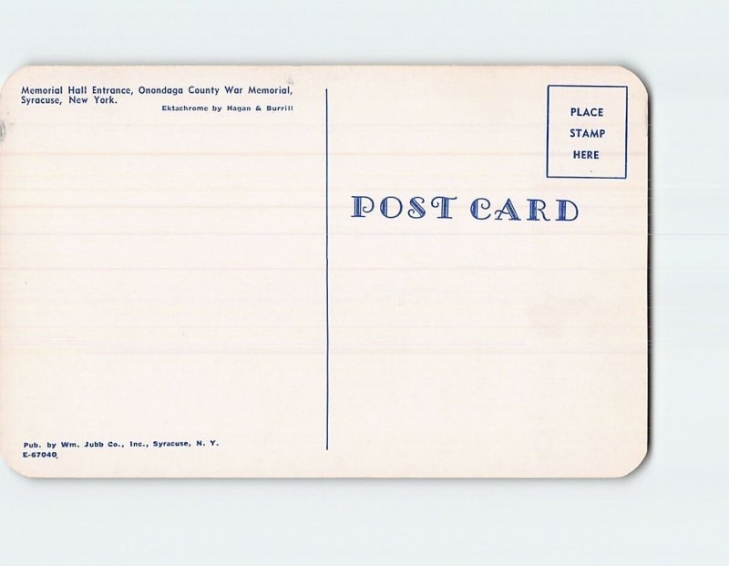 Postcard Memorial Hall Entrance Onondaga County War Memorial Syracuse ...