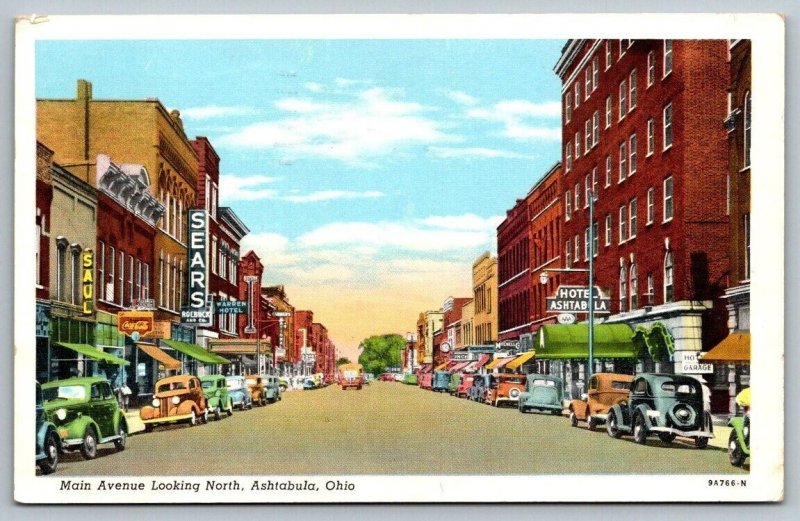 1948 Ashtabula Ohio Main Avenue Sears Roebuck & Coca Cola Sign Postcard ...