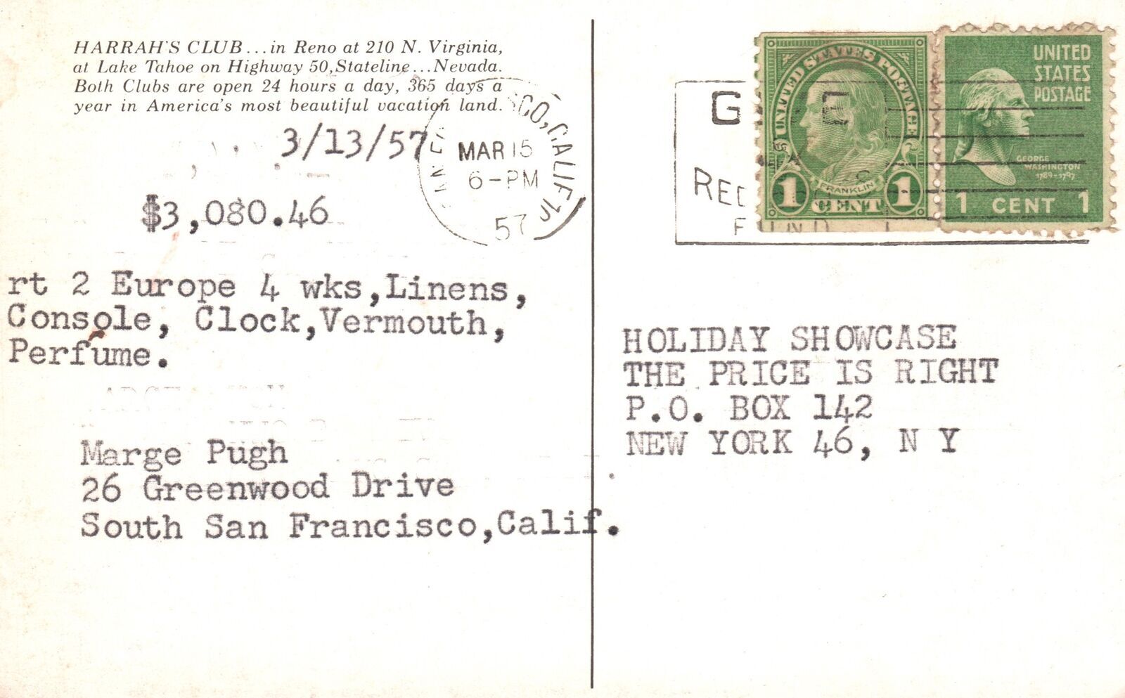 Vintage Postcard 1957 Harrah's Club Eno & Lake Tahoe Most Beautiful ...