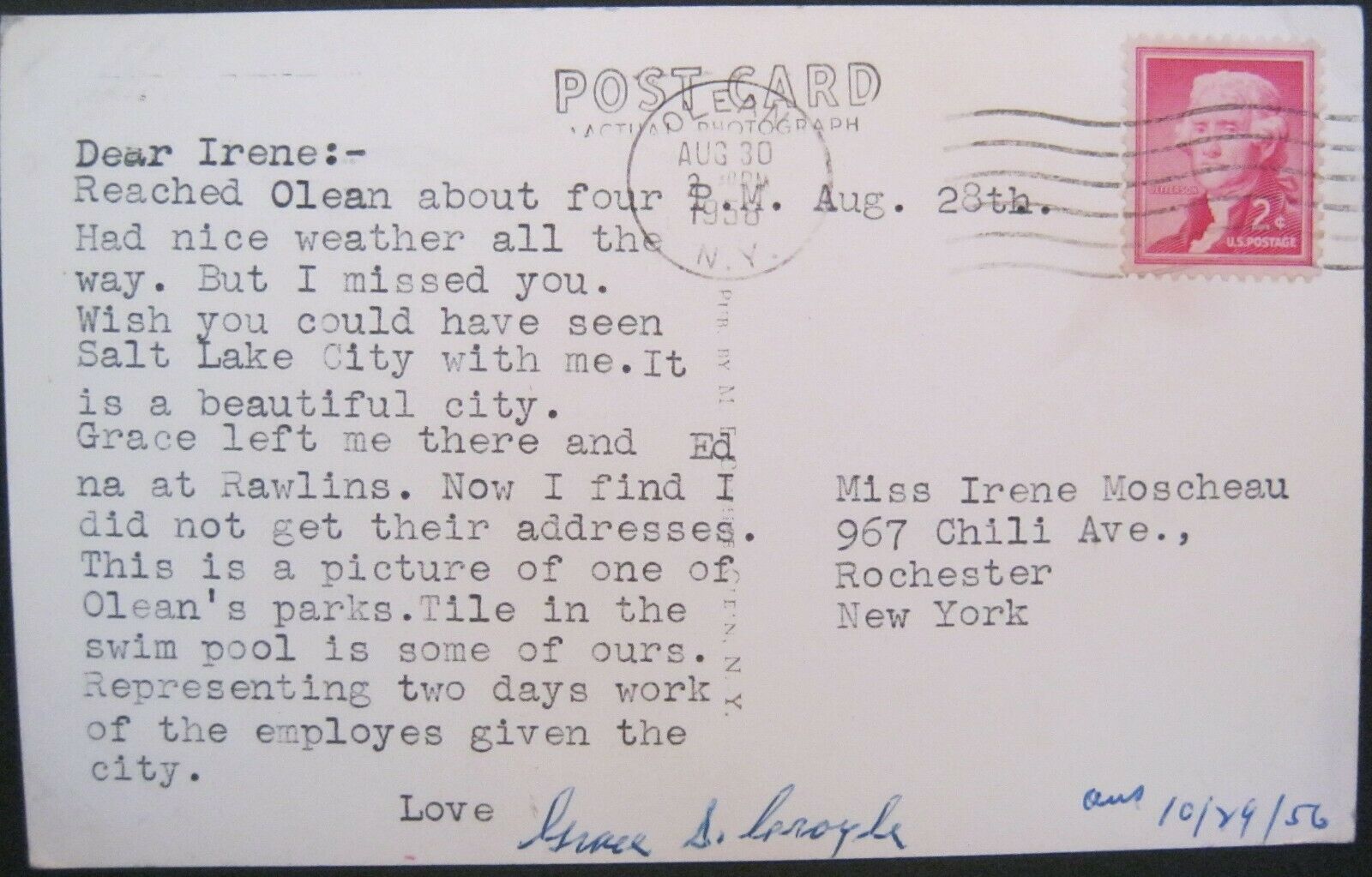 War Veterans Park & Swimming Pool Bradner Stadium Olean NY RPPC 1958 ...