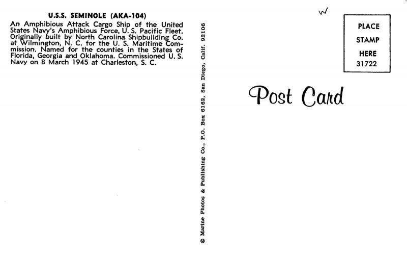 USS Seminole AKA 104 Amphibious Attack Cargo Ship US Navy postcard ...