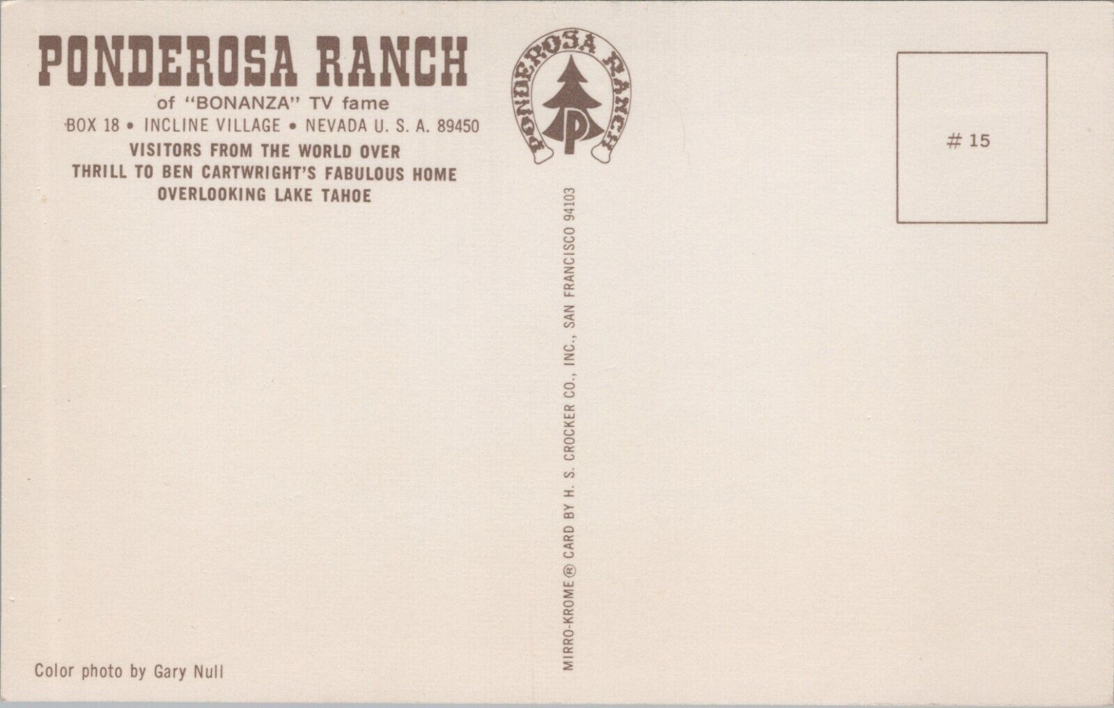 Ponderosa Ranch Bonanza Tv Fame Incline Village Nevada Postcard C154 ...