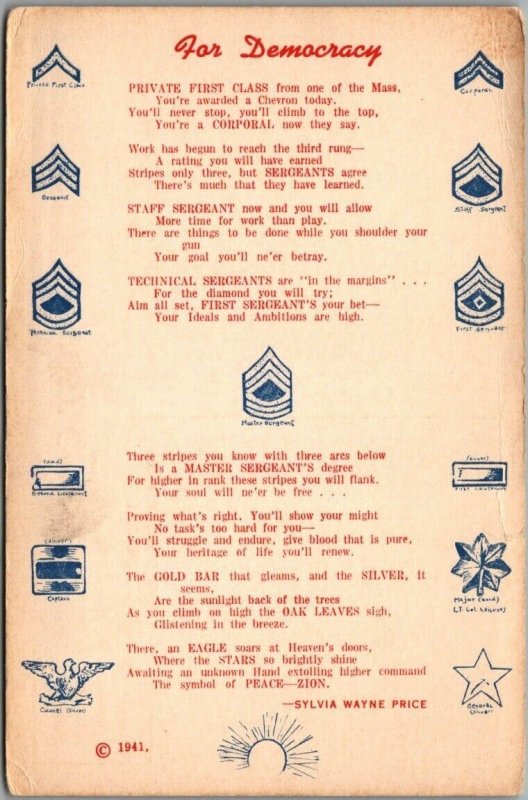 1941 WWII Patriotic Military Postcard "FOR DEMOCRACY" Army Ranks and ...