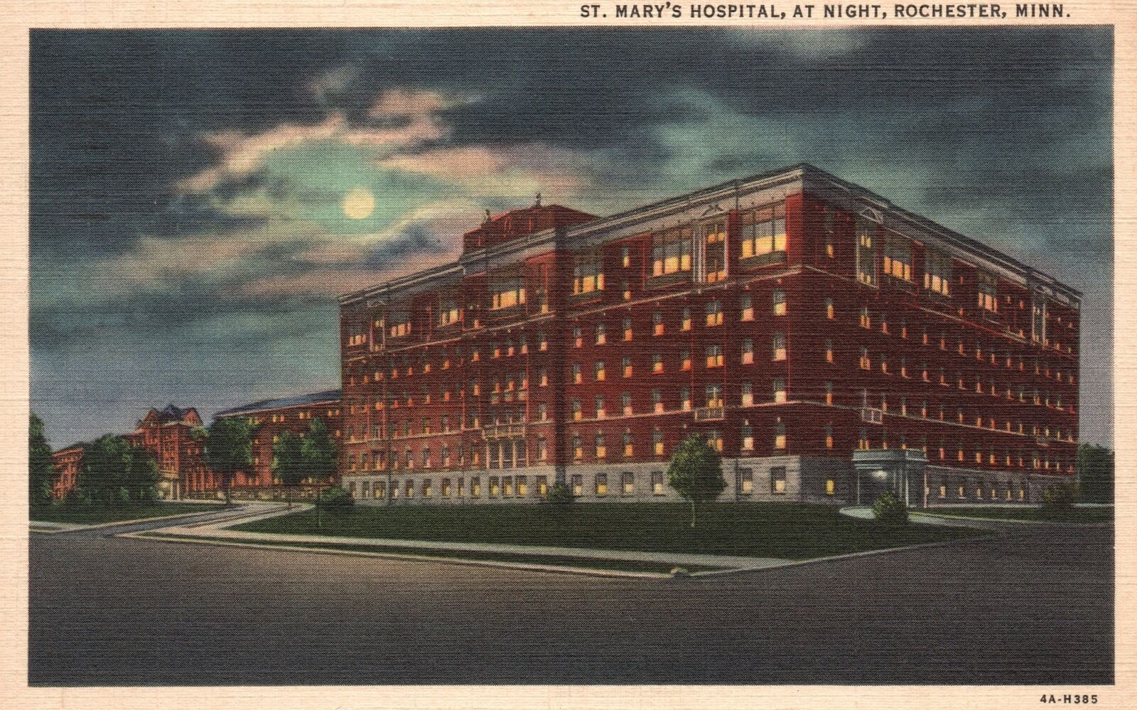 Vintage Postcard 1936 St. Mary's Hospital Building At Night Rochester ...