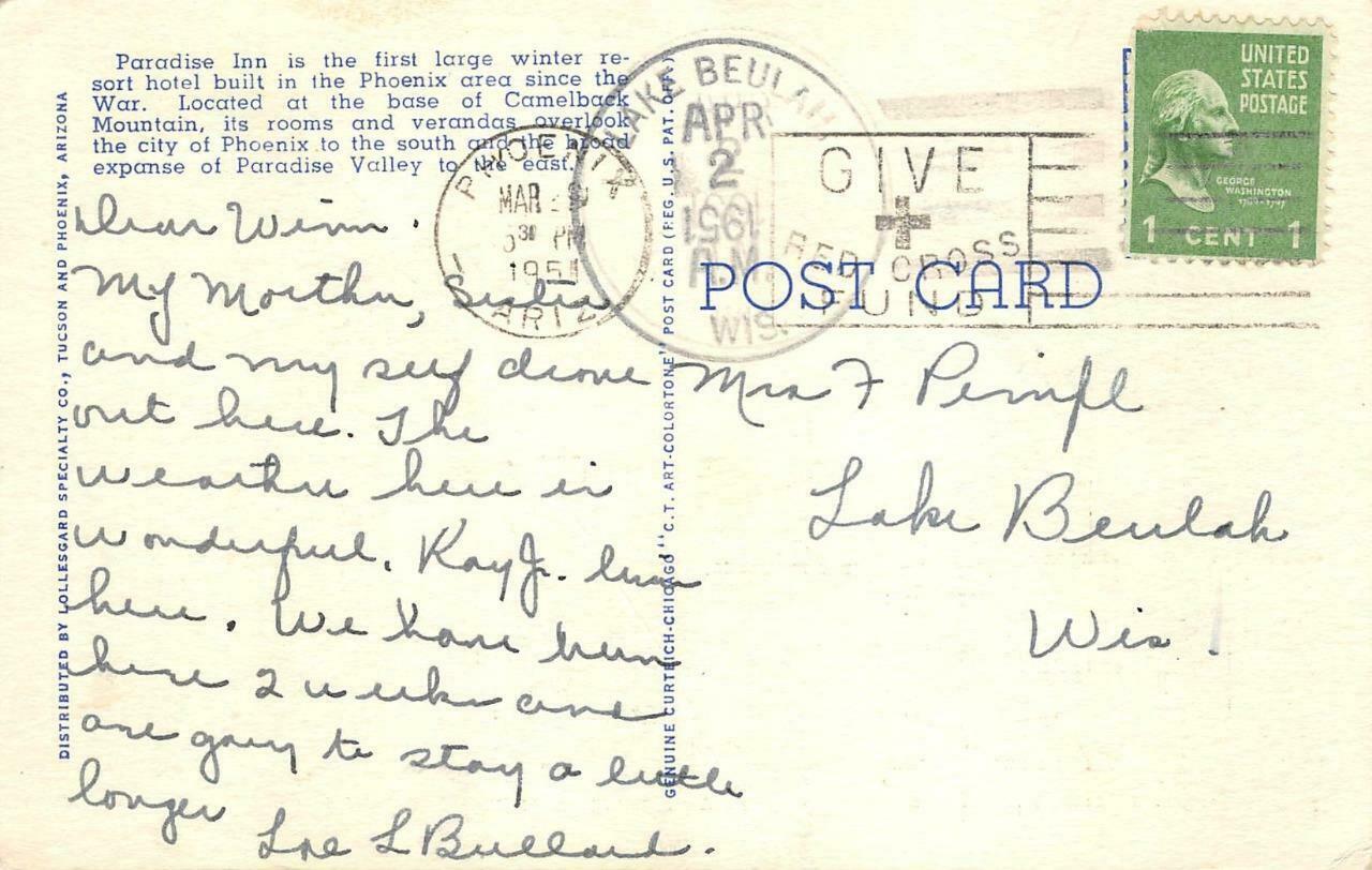 PARADISE INN Phoenix, Arizona Roadside 1951 Linen Vintage Postcard ...