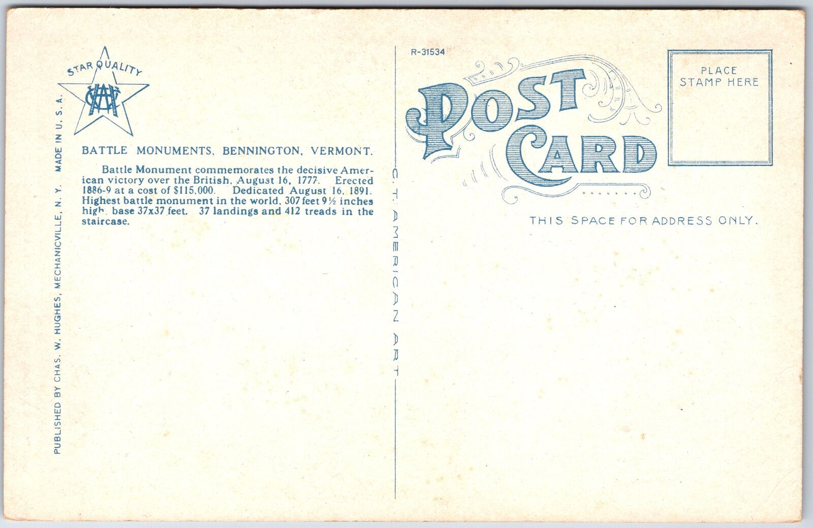 Vintage Postcard the Battle Monument at Bennington Vermont C. 1920s ...