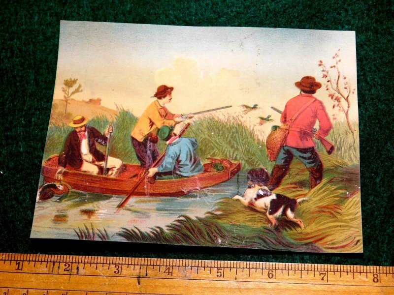 Colorful Men Duck Hunting Foal Birds Pheasants Shotguns Dog Boat ...