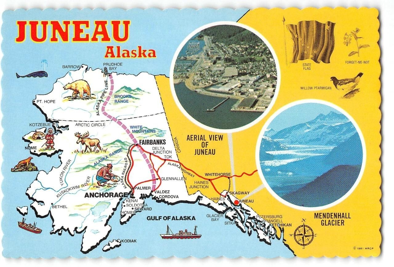 JUNEAU, ALASKA Aerial View MAP Continental 1960s 4x6 Chrome Vintage ...