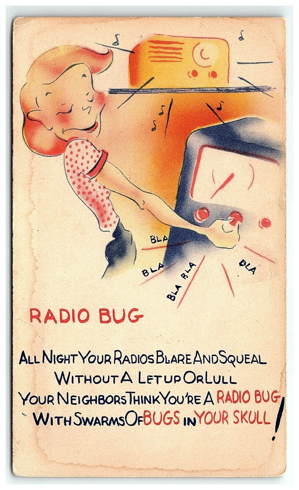 1946 Postcard Radio Bug Vintage Poem Technology Caricature Bugs In Your ...