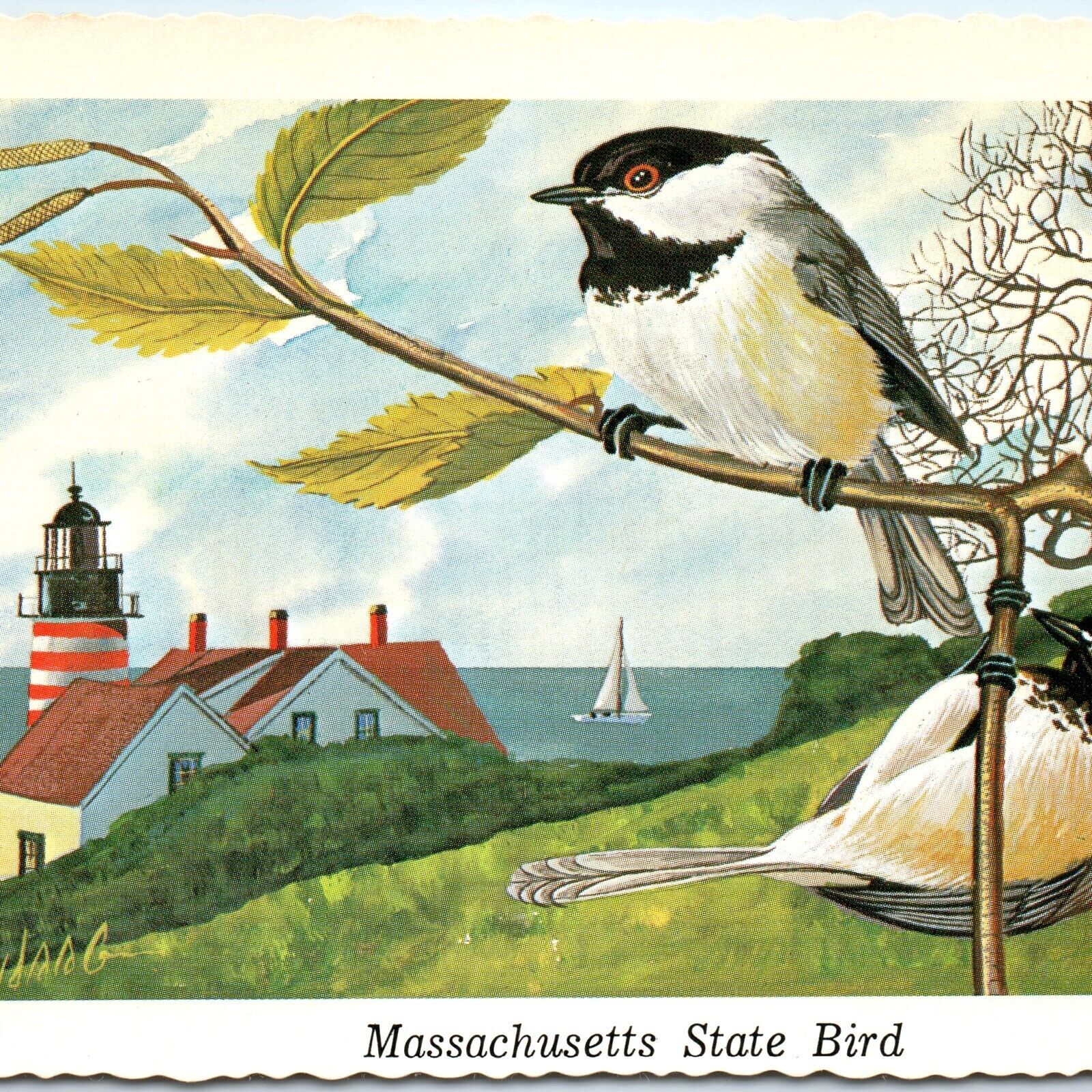 1968 Massachusetts State Bird Chickadee Lighthouse Sailboat Ken Haag ...