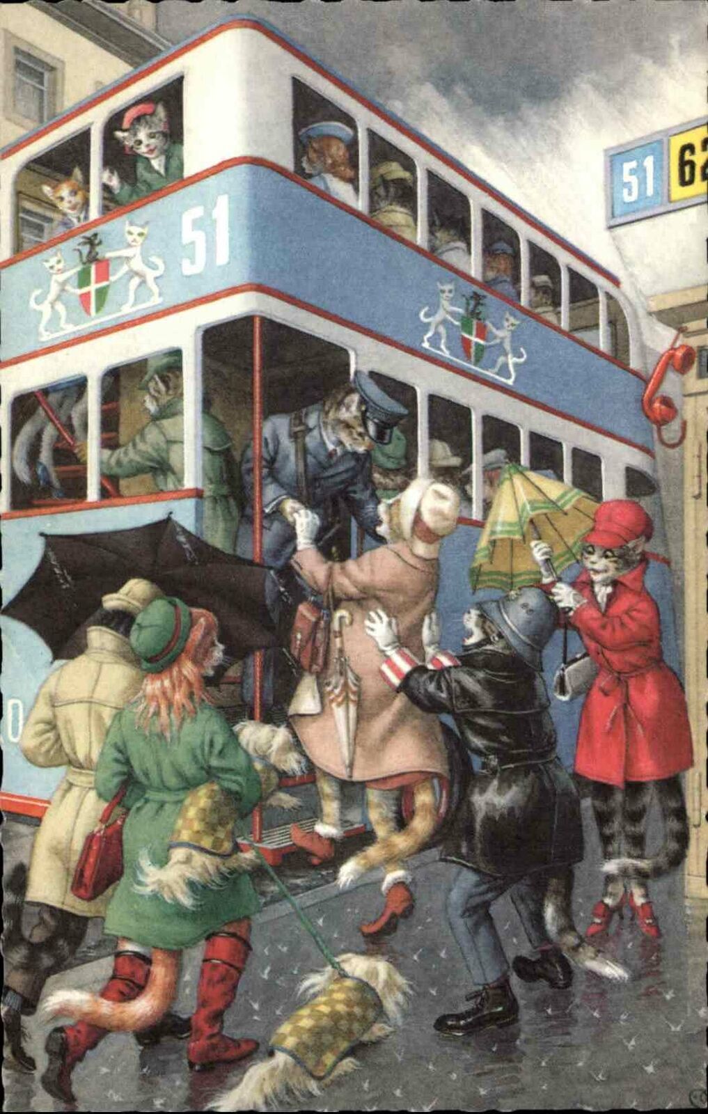 MAINZER CAT FANTASY Anthropomorphized Cats at Double Decker Bus Old PC ...