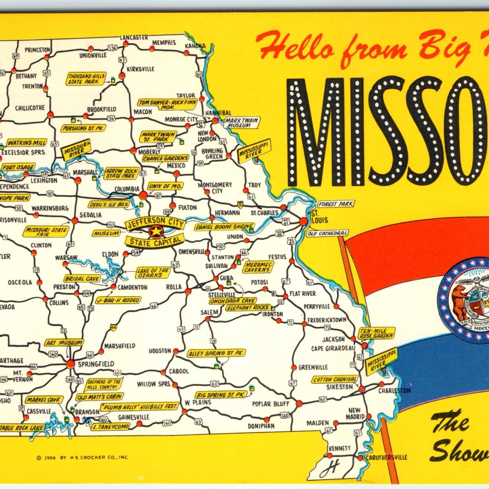 c1960s MO, Missouri Greetings Hello from "Show Me State" Map Flag ...