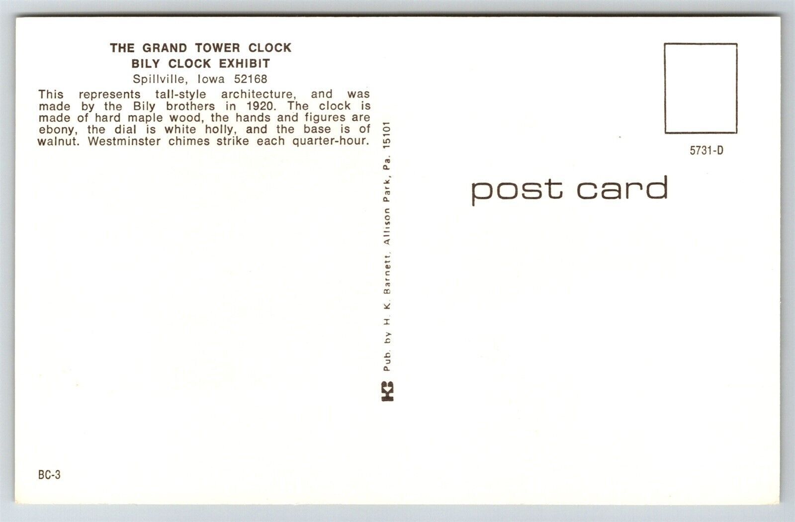 The Grand Tower Clock Made In 1920 Bily Bros Spillville Iowa Postcard ...