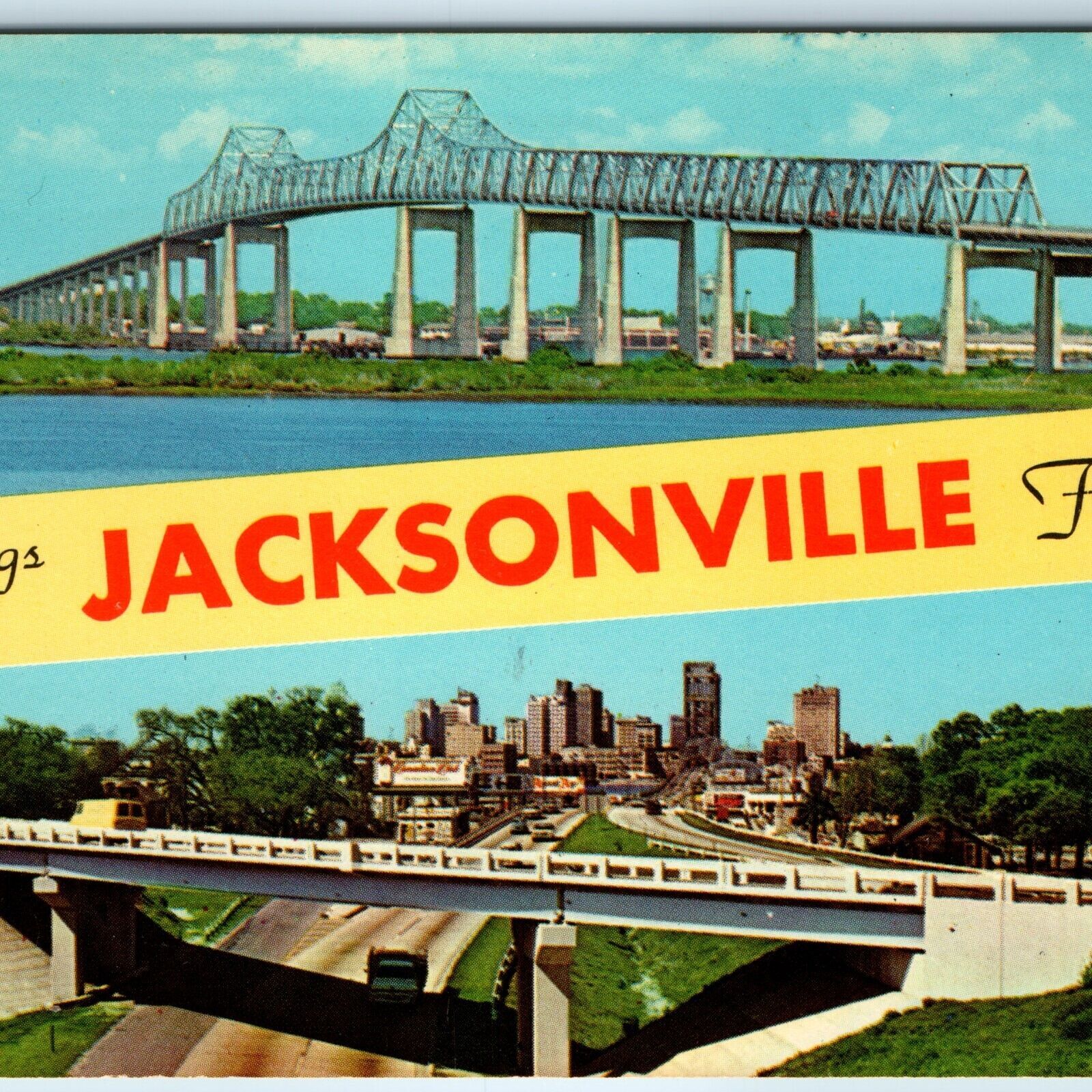 1961 Jacksonville, FL Greetings John E Mathews Bridge Downtown Skyline ...