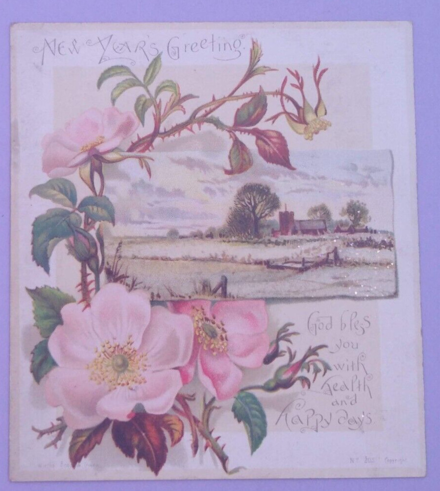 1880s Pink Roses Flowers Mica Poem Victorian New Year Greeting Card ...